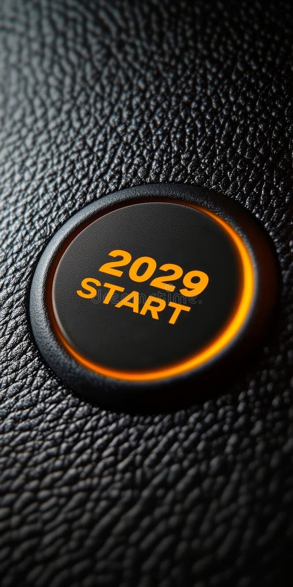 Futuristic Year 2029 Ignition Button with Shiny Orange Illumination on ...
