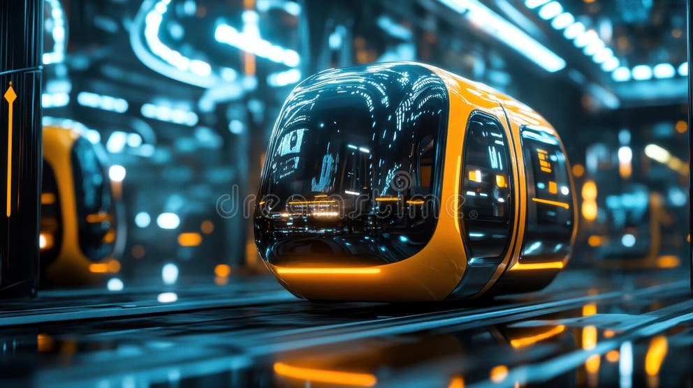 Futuristic Yellow Autonomous Vehicle on Track Stock Illustration ...