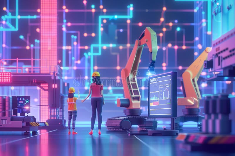 Futuristic Yellow Backhoe and Engineer Worker Working on Holographic ...