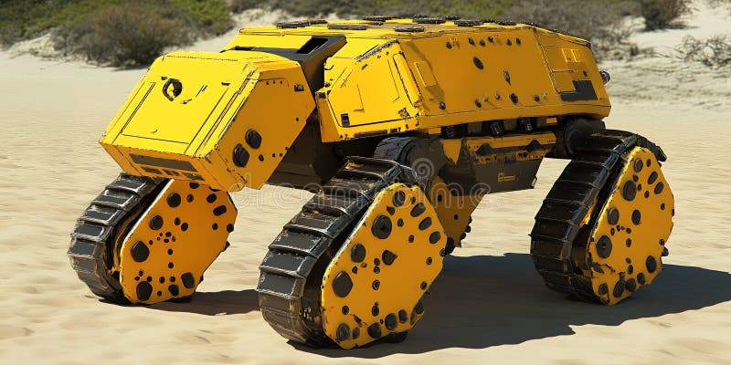 Futuristic Yellow Crawler Robot on Sandy Terrain Sci Fi Vehicle Design ...