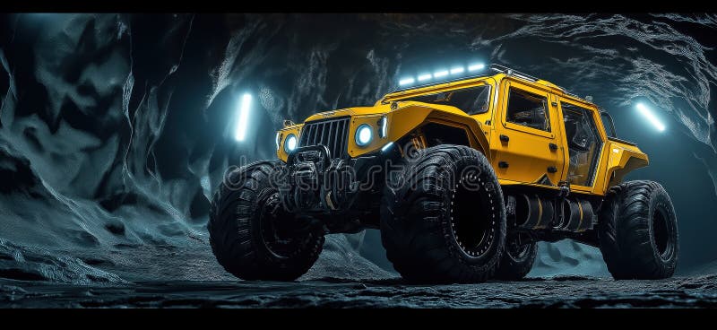Futuristic Yellow Off-road Vehicle in Dark Cave Environment with ...