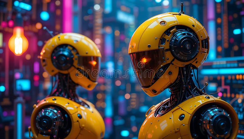 Futuristic Yellow Robots Face Each Other in a Neon-lit Cyber City ...