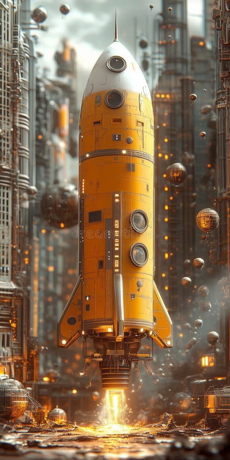 A Futuristic Yellow Rocket Launch with Metallic City Backdrop, Glowing ...