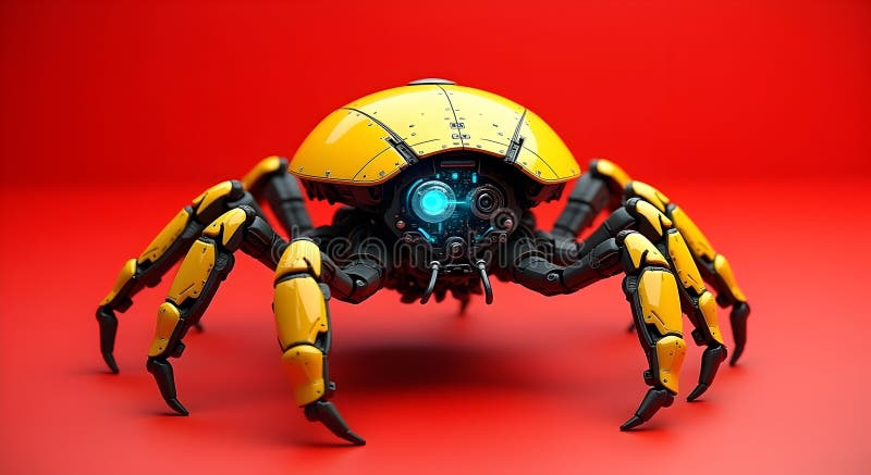 Yellow Spider Robot with Black Legs and Glowing Eyes - Generative AI ...