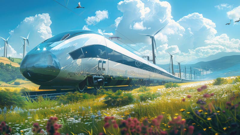 Futuristic Zero-carbon Train in a Natural Landscape, Surrounded by Wind ...