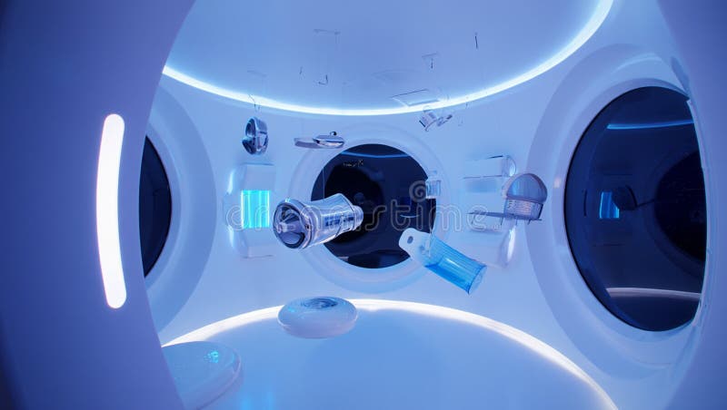Futuristic Zero Gravity Chamber with Floating Objects and Glowing Elements Stock Illustration ...