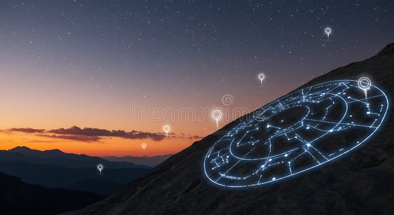 Futuristic Zodiac Map Projected on Mountain at Sunset Stock ...