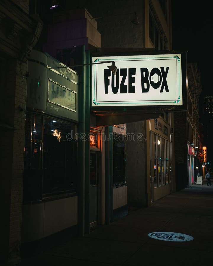 Fuze Box Sign at Night, Albany, New York Editorial Image - Image of ...
