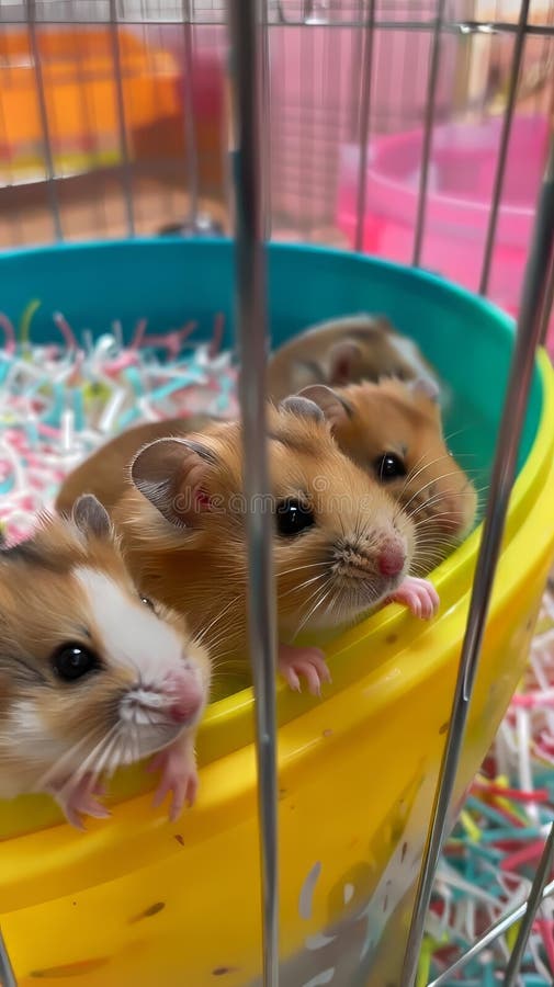 Fuzzy Baby Hamsters Exploring Their Colorful Cage with Tiny Paws Stock ... Fuzzy Baby Hamsters Exploring Their Colorful Cage with Tiny Paws Stock ...