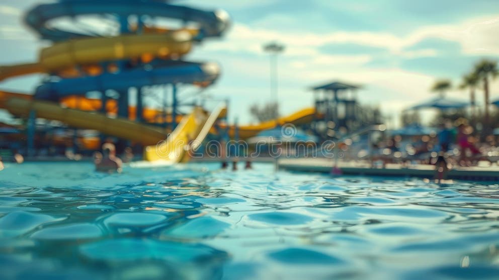 Fuzzy Backdrop of Towering Slides and Crowded Pools Stock Photo - Image ...