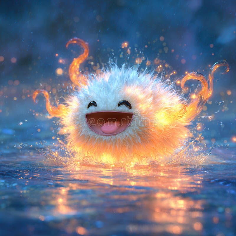 Fuzzy Creature with Glowing Details Dances Joyfully in Water at ...