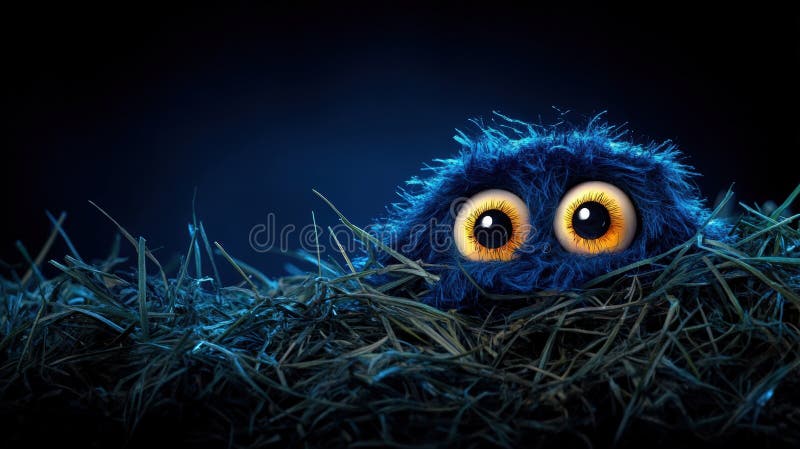 Fuzzy Creature with Large Eyes Peeking Out from Hay in Dark Setting ...