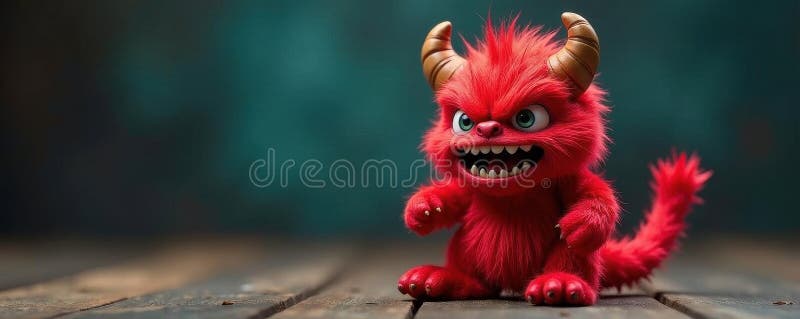 Fuzzy Red Monster Toy, Angry Expression, Horns, Horns, Play Stock ...