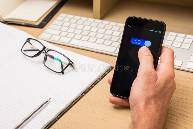 A 5G Button on Smart Phone Device Being Turned on by the User Stock ...