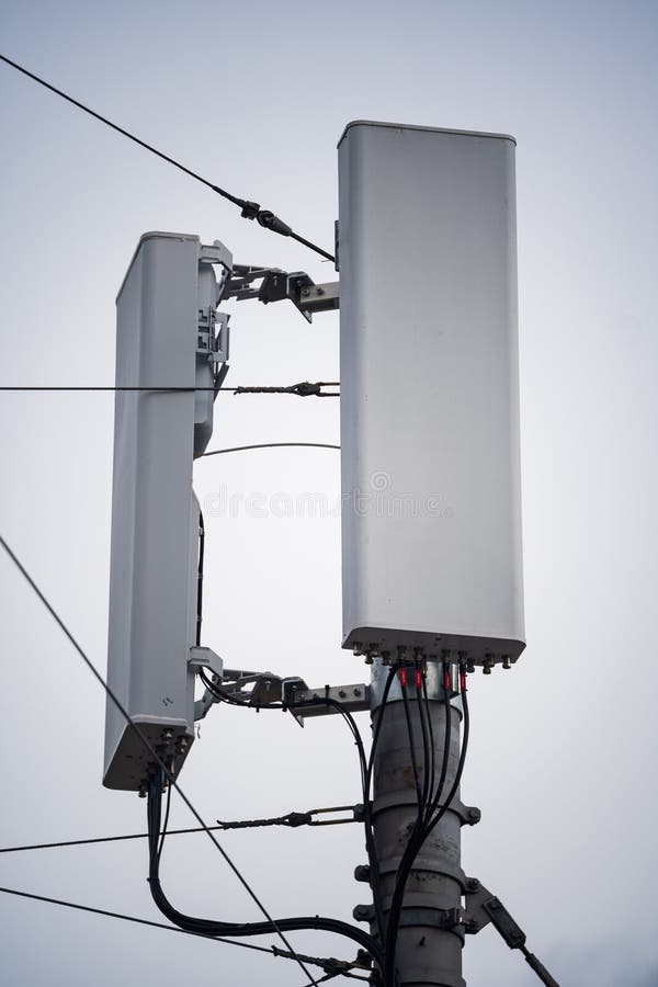 5G Cell Tower with Signal Repeaters. Close Up Shot, Low Angle, No ...