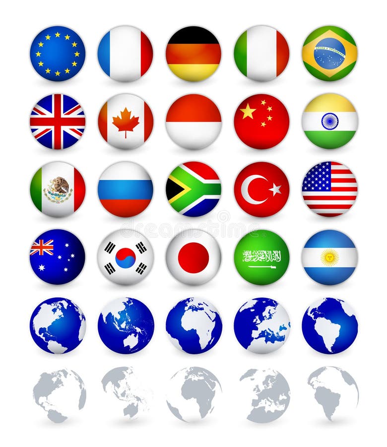 G20 Country Flags Web Buttons Globes Stock Vector - Illustration of ...