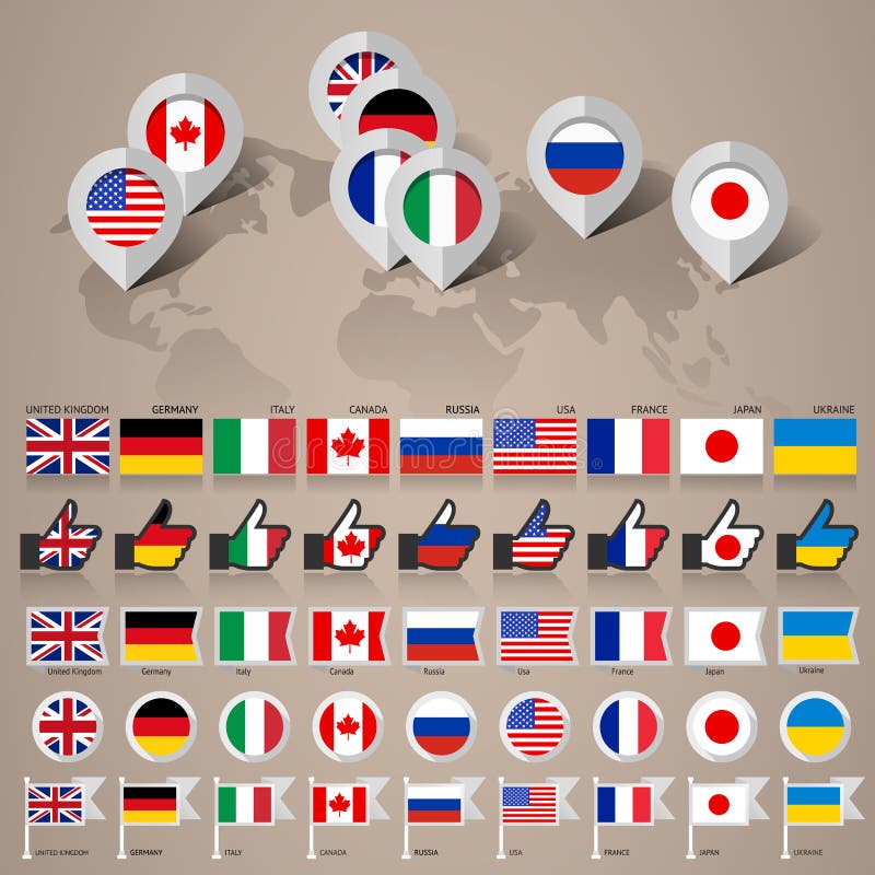 G8 flags with map big set stock vector. Illustration of landmark - 80414083