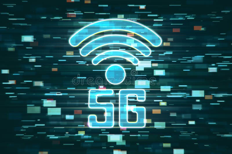 5G Glitchy Icon Hologram on Blurry Background. 5th Generation Wireless ...