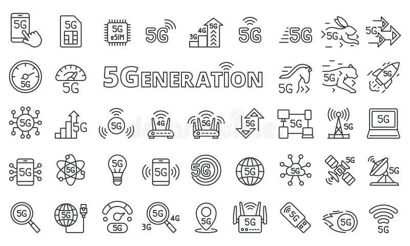 5G Icon Set in Line Design. 5G, Internet, Speed, Connection, Network, Wireless, Technology ...