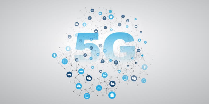 5G Label with Network Mesh, Icons Representing Various Digital Services ...