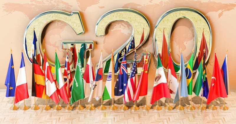 G20 Meeting Concept, Flags of All Members G20 in Room. 3D Rendering ...