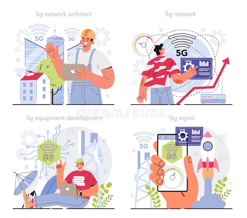 5G Network Architect Concept Set. 5G Wireless Network Equipment Stock ...