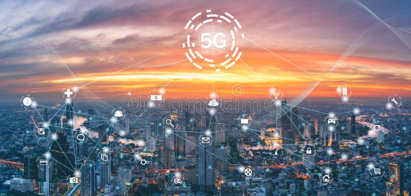 5G Network on City Background. the Wireless Communication Technology ...