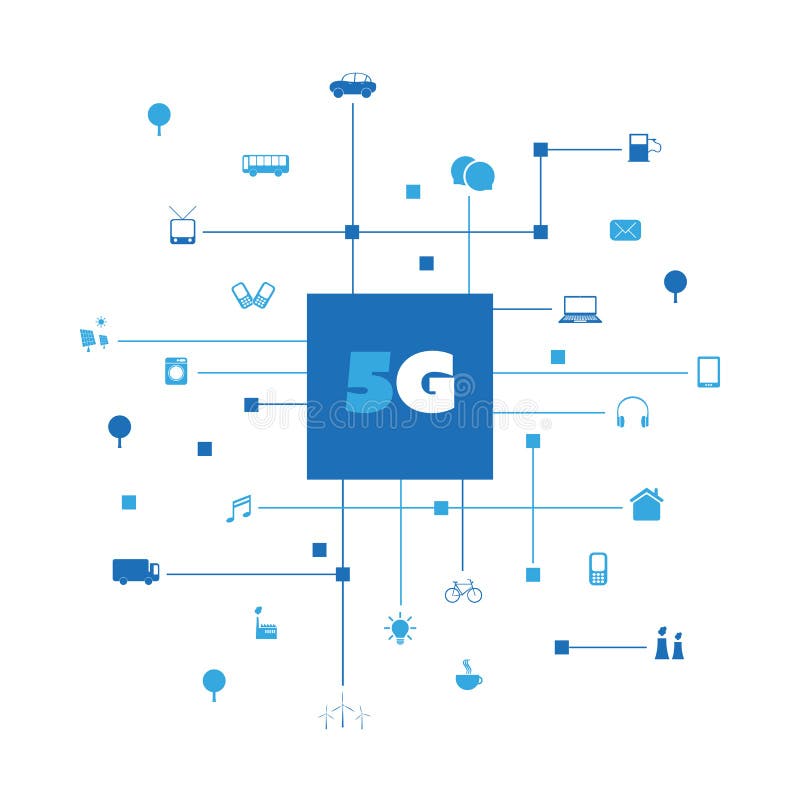 5G Network Design Concept with Icons Representing Various Kinds of ...