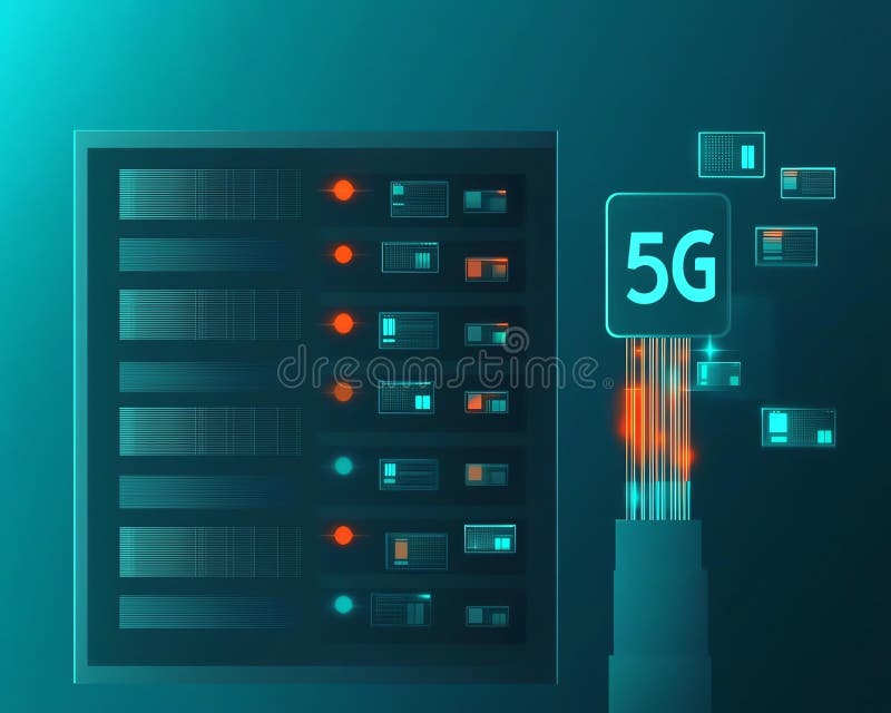 5G Network Infrastructure, Fiber Optics, Cloud Computing Concept. Abstract Illustration of a 5G ...
