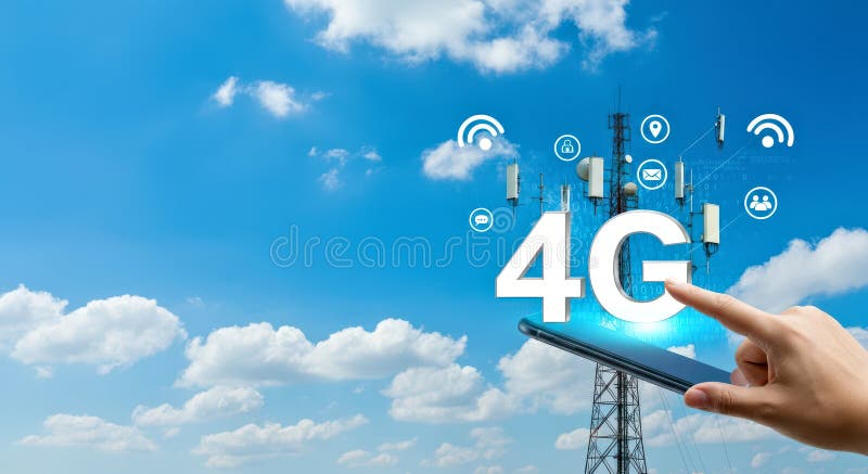 4G Network Tower with Hand Touchscreen Interface Highlighting Wireless ...