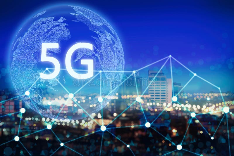 5G Network Wireless System. Beautiful Cityscape and Network Connection ...