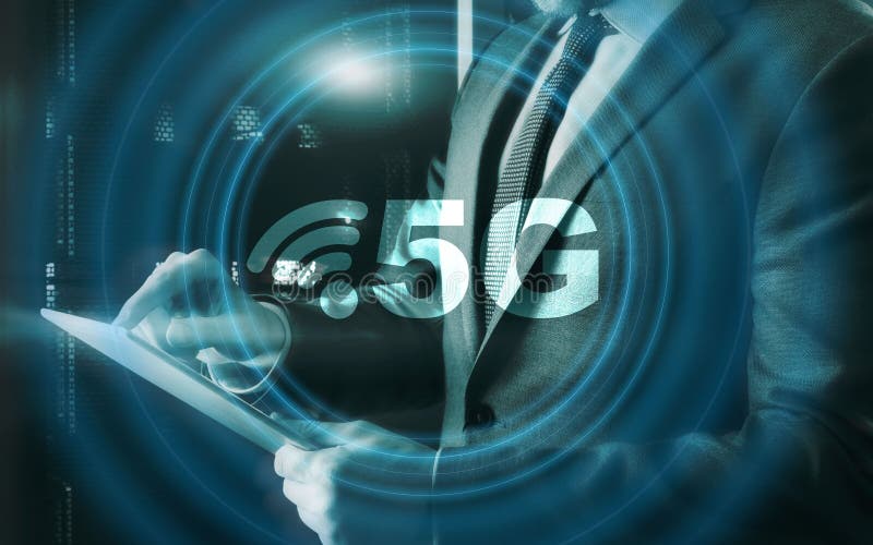 5G Network Wireless Internet Concept. Man Touching 3D Icon 5G Stock ...