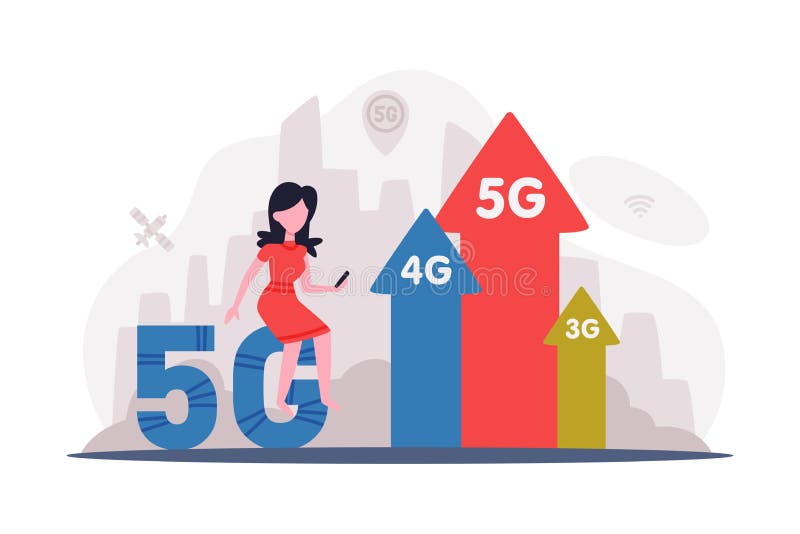 5G Network Wireless Technology. Girl with Smartphone Using High Speed ...