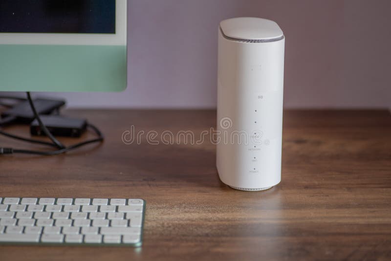 5G Router on Desktop Shot from Mid Angle Stock Image - Image of desk ...