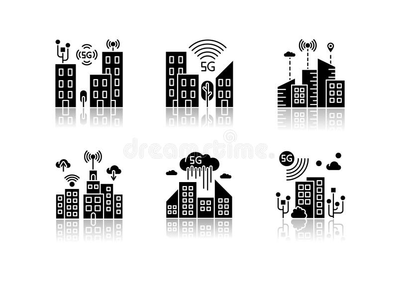 5G Smart City Drop Shadow Black Glyph Icons Set. Urban Intelligence ...
