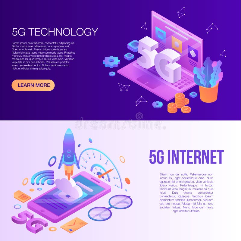 5G Technology Banner Set, Isometric Style Stock Vector - Illustration ...