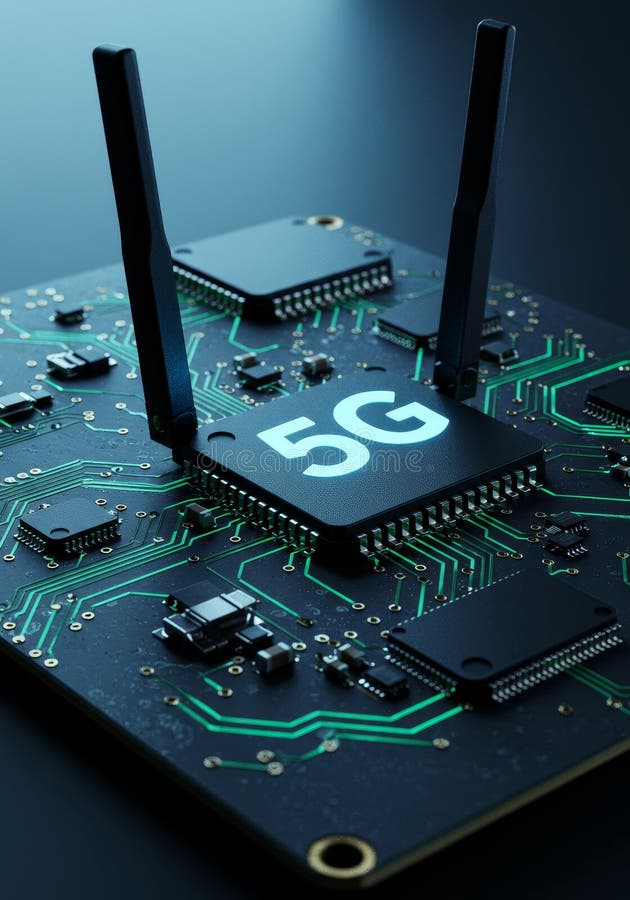 5G Technology Circuit Board Closeup of a 5G Network Chip on a Circuit ...