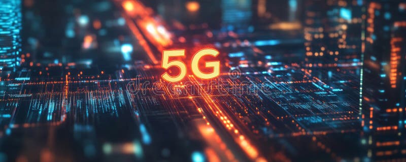 5g Technology Concept in a Futuristic City with Neon Lights and Digital ...