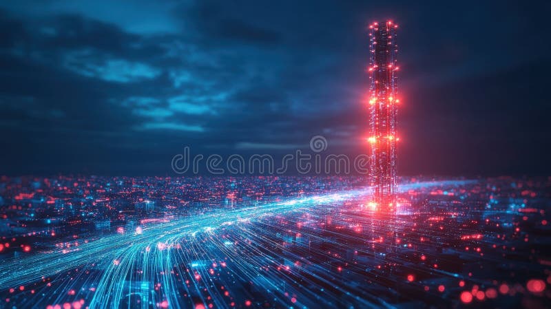5G Technology Concept with Glowing Communication Tower and Lights Stock ...