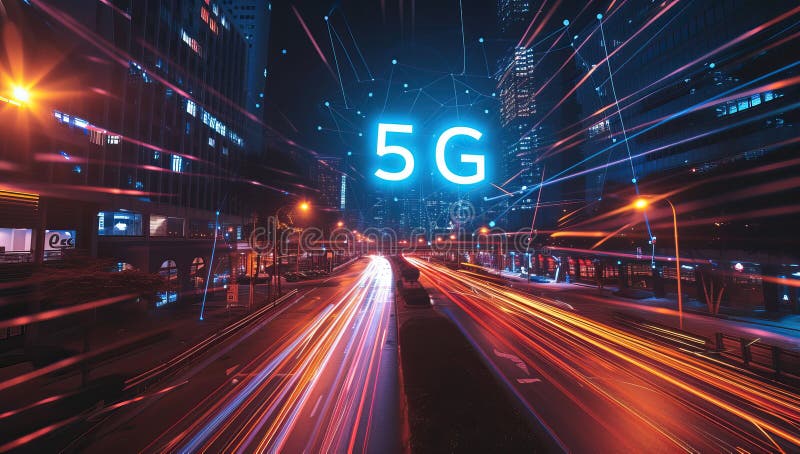 5G Technology Concept with Light Trails on the Street at Night Stock ...
