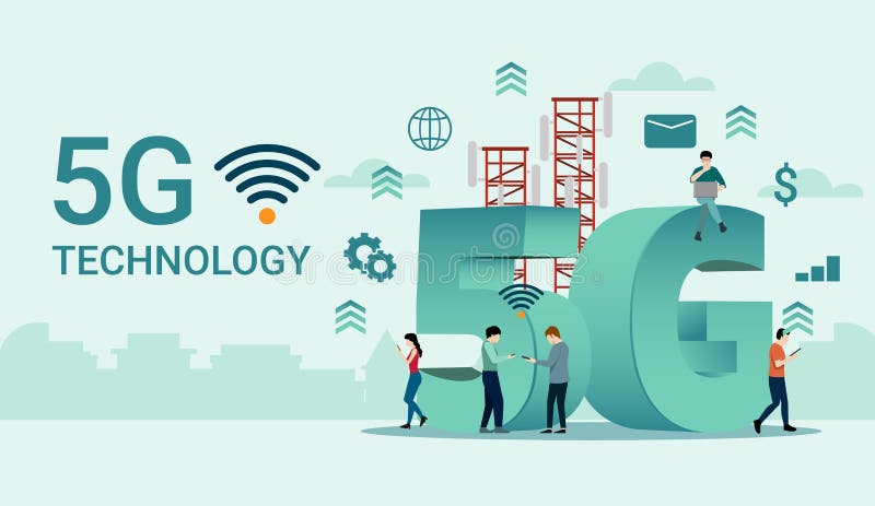 5g Technology Concept. People with 5g Towers on City Background Stock ...