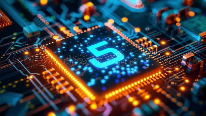 5g Technology Concept Showing Microchip Emitting Light on Motherboard ...