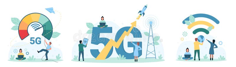 5G Telecommunication Technology Set, Tiny People Using Signal Speed ...