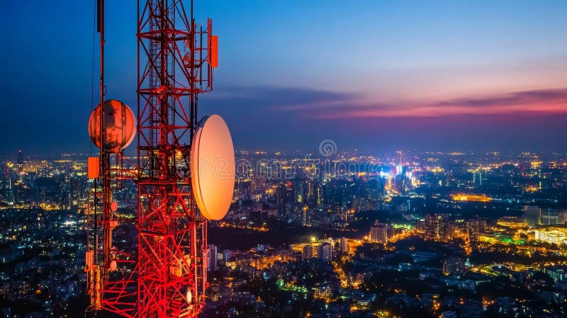 5G Telecommunication Tower at Night Powering Global Connection and ...