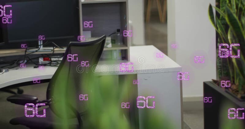 6G Text Animation Over Empty Office Desk with Computer and Chair Stock ...