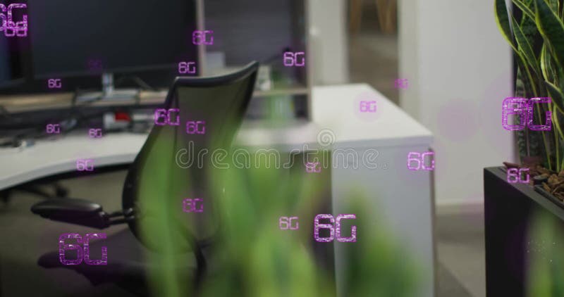 6G Text Image Over Empty Office Desk with Computer and Chair Stock ...