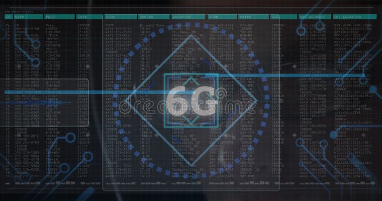 6g Text and Microprocessor Connections Against Data Processing on Black Background Stock ...