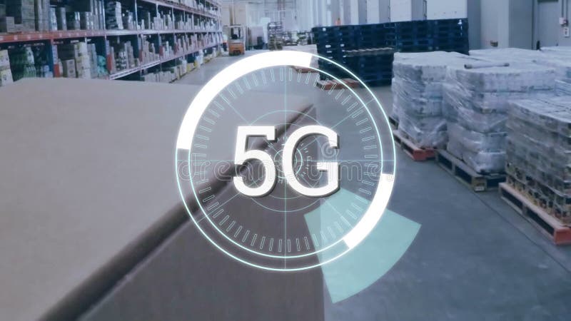 5g Text Over Neon Round Scanners Against Warehouse in Background Stock ... 5g Text Over Neon Round Scanners Against Warehouse in Background Stock ...
