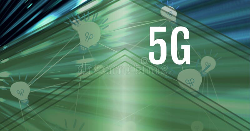 5g Text Over Network of Connections Against Green Light Trails on Green ...