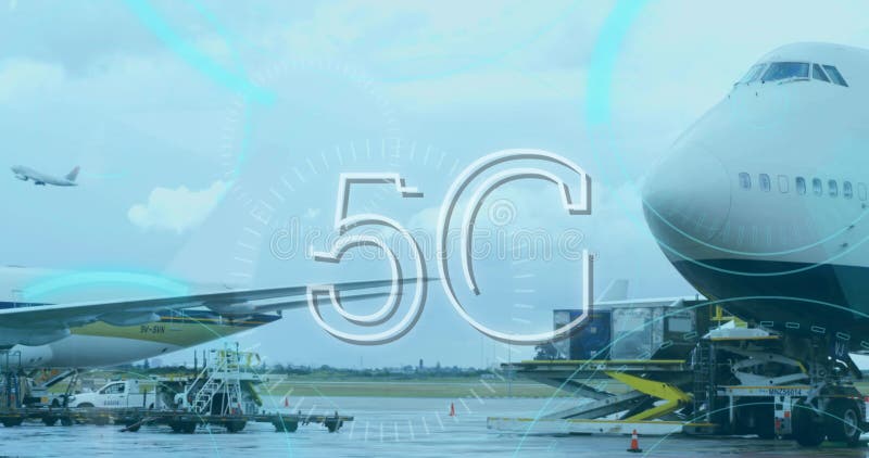 5g Text and Round Neon Scanners Against Airplane at the Airport Stock ... 5g Text and Round Neon Scanners Against Airplane at the Airport Stock ...